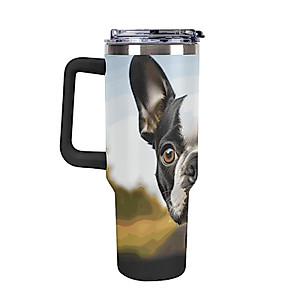 40 Oz Personalized Tumbler with Handle And Straw Puppy Dog Boston Terrier Stainless Steel Insulated Tumblers Reusable Car Thermal Cup Travel Coffee Mug for Women Men