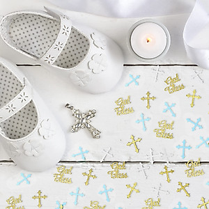 Marspark 300 Pcs Baptism Confetti Glitter Cross God Bless Table Confetti Cross Decorations for Baptism First Communion Baby Shower Birthday Gender Reveal Party Supplies(Blue, Gold, White)