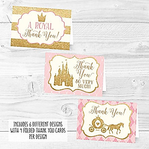 24 Princess Baby Shower Thank You Cards With Envelopes, Kids Thank-You Note, 4x6 Gratitude Card Gift For Guest Pack For Party, Birthday for Girl Children, Cute Pink Royal Queen Crown Event Stationery