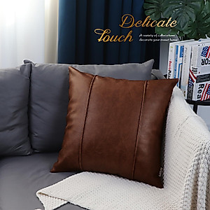 BRAWARM Dark Brown Leather Throw Pillow Covers 22 X 22 Inches - Faux Leather Pillow Cover with Piping, Hand Stitched Leather Throw Pillow for Couch Sofa Bed Living Room Home Decorative