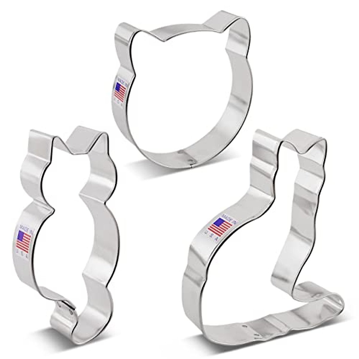 Cat Cookie Cutters 3-Pc. Set Made in USA by Ann Clark, Cat Face, Sitting Cat, Curled Cat
