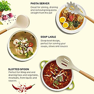 Kinfayv Silicone Cooking Utensils Kitchen Utensil Set, 21 PCS Wooden Handle Nontoxic BPA Free Silicone Spoon Spatula Turner Tongs Kitchen Gadgets Utensil Set for Nonstick Cookware with Holder (Khaki)