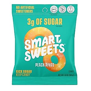 SmartSweets Peach Rings, Candy With Low Sugar 3g, Low Calorie 100, Net Carb 10, Plant Based, Gluten Free, No Artifical Colors or Sweeteners 1.8 Oz Bags (Pack of 6)
