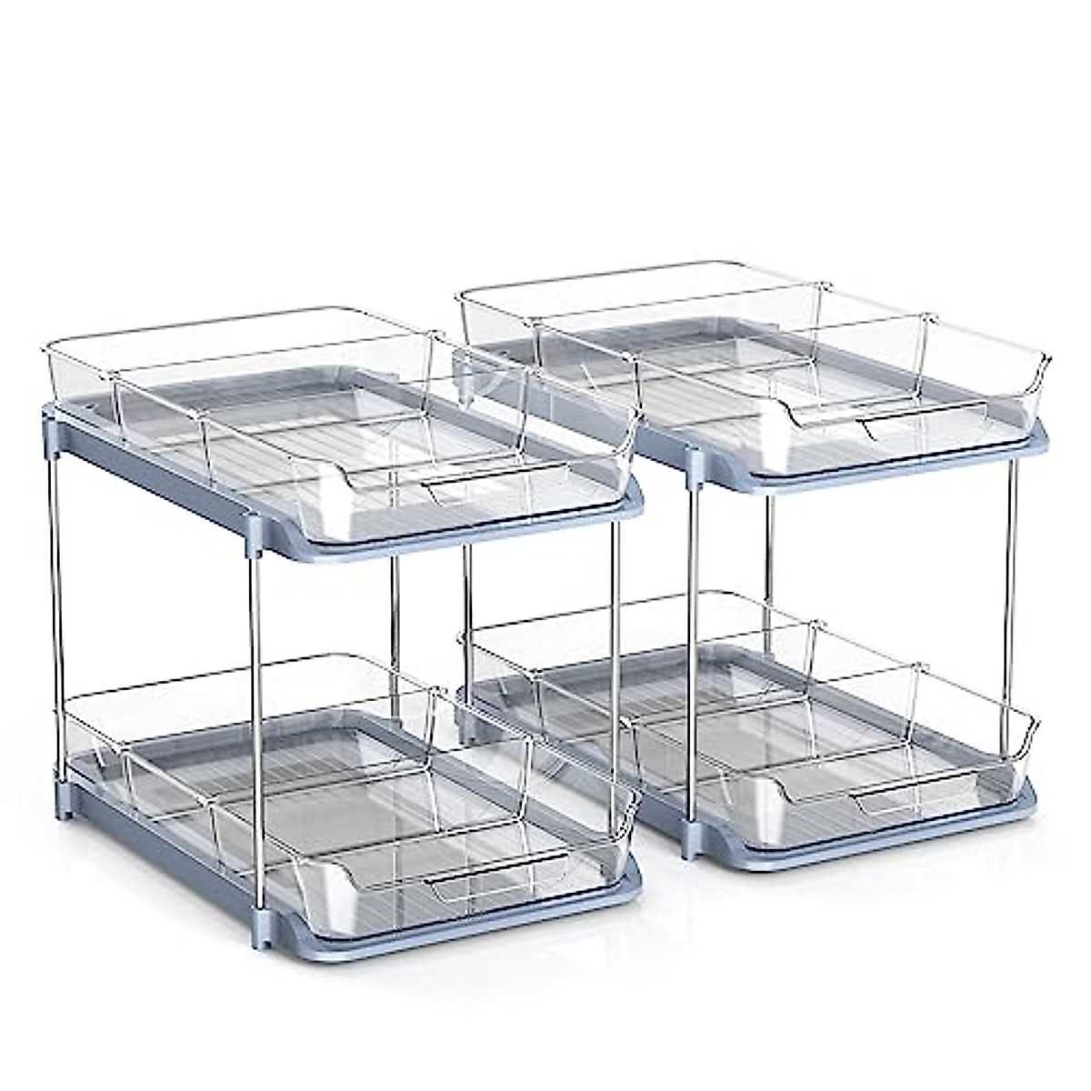 2 PCS Under Sink Organizers and Storage - 2 Tier Clear Bathroom Organizer Countertop, Multifunction Pull out Cabinet Organizer with 4 Movable Dividers, For Home, Kitchen, Office, Cabinet