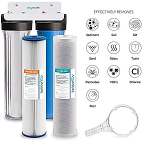Aquasure Fortitude Dual High Flow Whole House Water Filter with High Capacity Pleated Sediment + 5 Micron Carbon Block - 20" x 4.5"