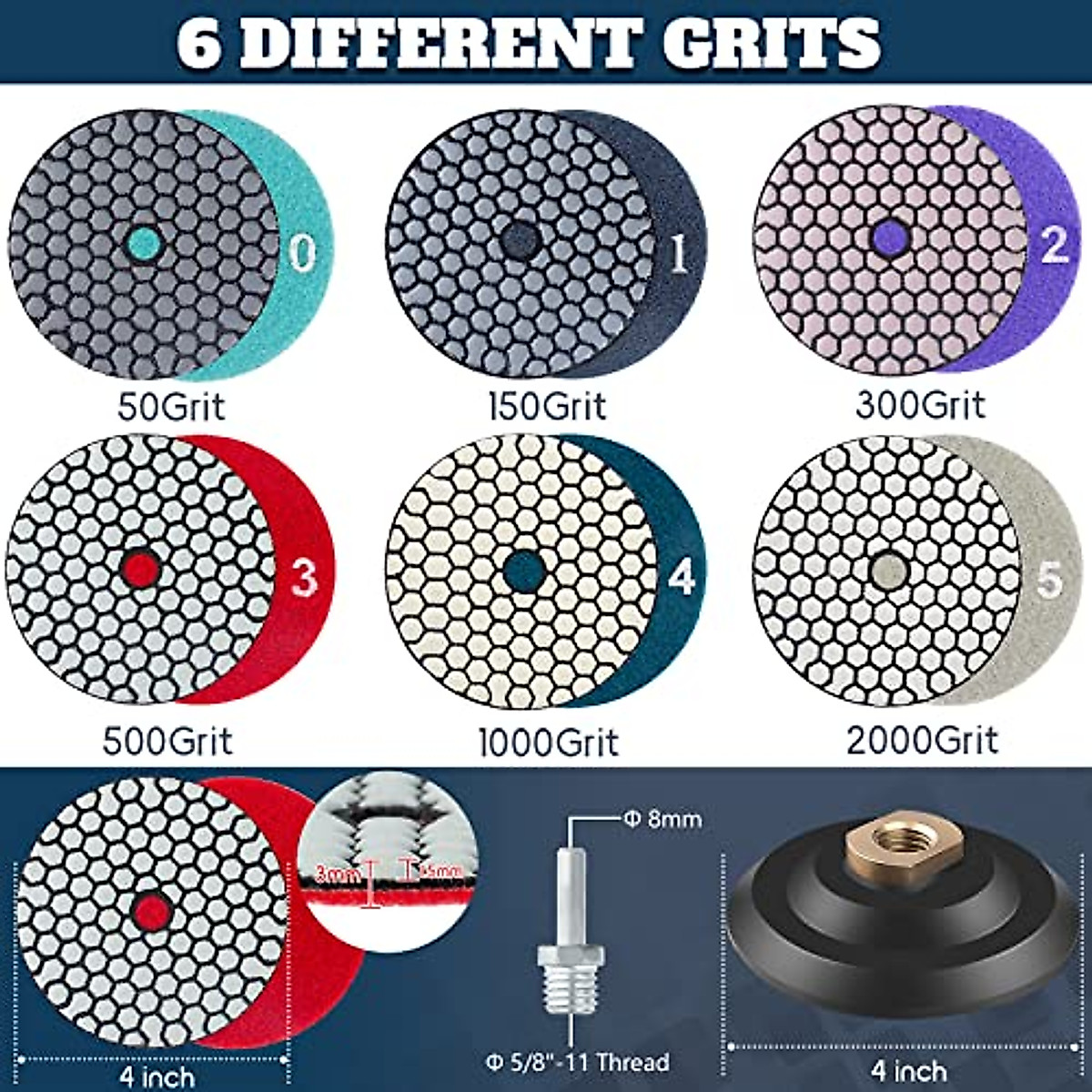 7 Packs Dry Diamond Polishing Pads 4 Inch with 5/8”-11 Rubber Backer Pad 6PCS Dry Polish Pad Kit 50-2000 Grit for Drill Grinder Polisher Granite Marble Concrete Stone Countertop Quartz Polishing