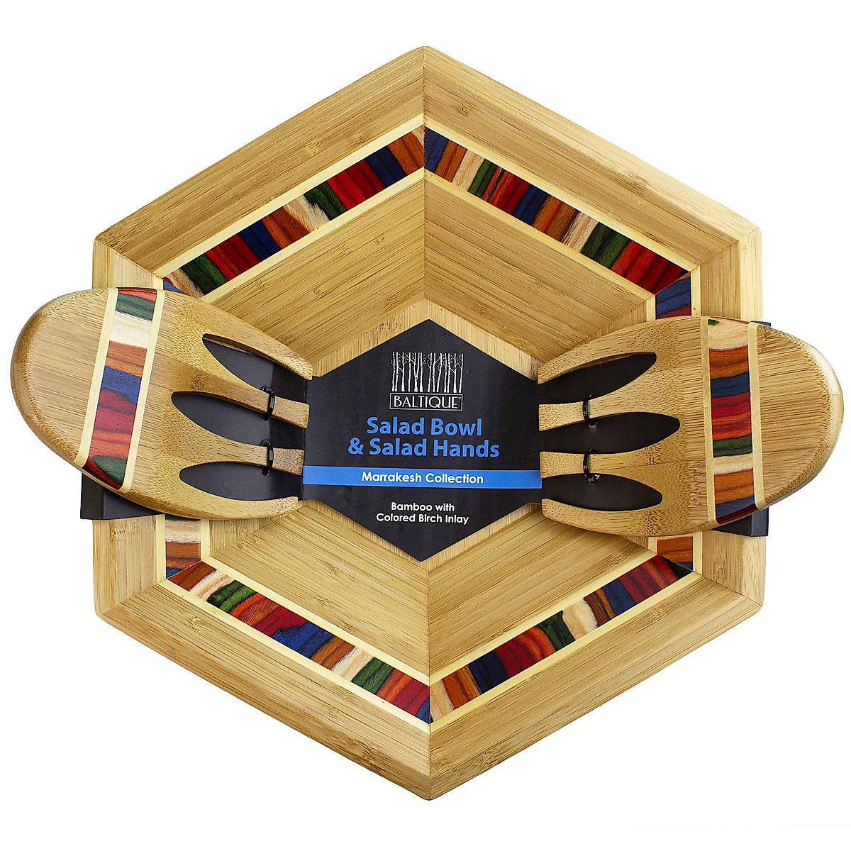 Baltique Marrakesh Collection 14" Salad Serving Bowl with Salad Hands, Bamboo and Colored Birch Wood