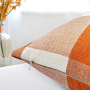 4TH Emotion Set of 2 Farmhouse Buffalo Check Plaid Throw Pillow Covers Cushion Case Polyester Linen for Fall Home Decor Orange and White, 18 x 18 Inches