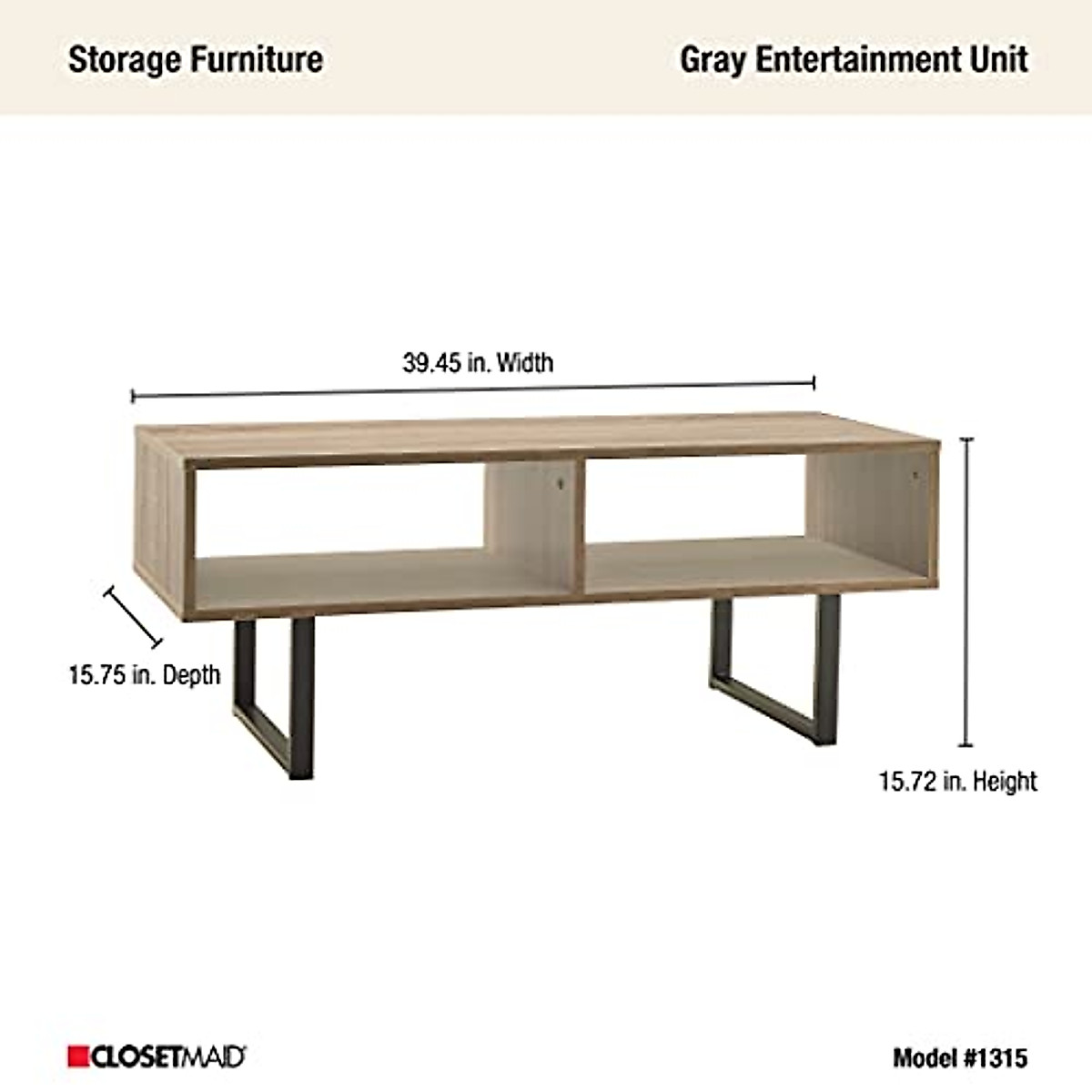 ClosetMaid 1315 Rectangular Wood Coffee Table with Storage Shelves, Gray