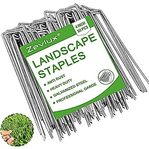 Landscape Staples Zevlux Garden Staples 4 Inch 50 Pcs Galvanized Heavy-Duty Sod Pins Anti-Rust Fence Stakes for Weed Barrier Fabric, Ground Cover, Irrigation Tubing, 12 Gauge,50Pcs