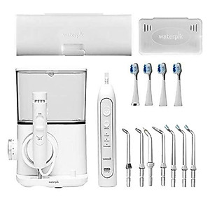 Waterpik Complete Care 9.0 Kit. 1 White Complete Care 9.0 Sonic Electric Toothbrush & Water Flosser, 2 Pack Plaque Seeker Water Flosser Tip Replacement, & 2 Pack Complete Care Replacement Brush Heads