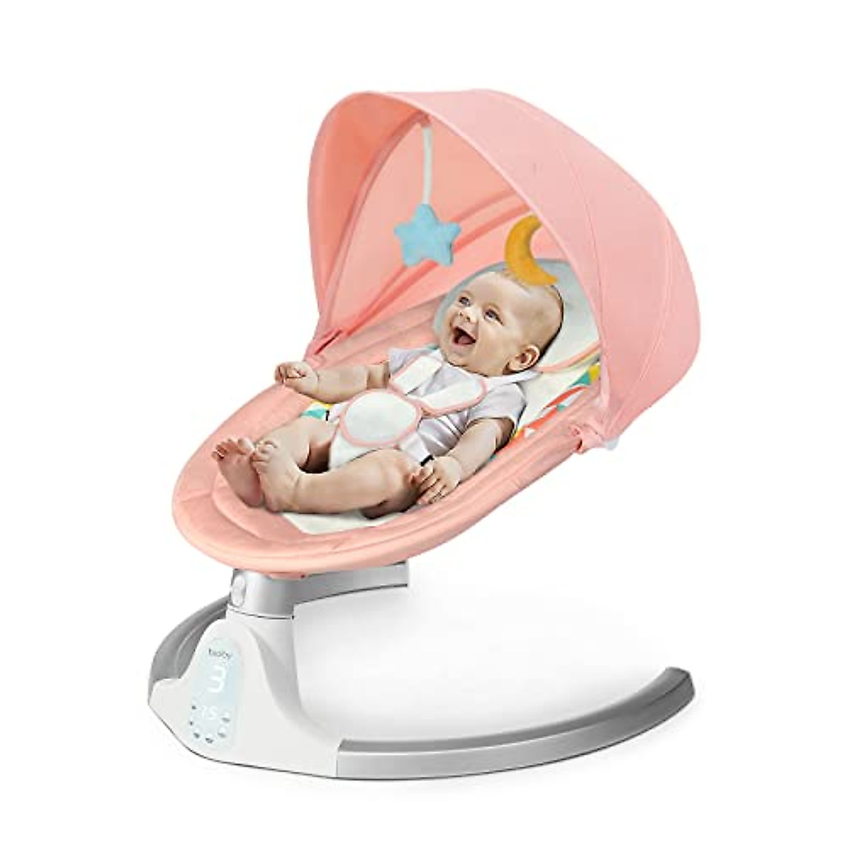 Bioby Baby Swing for Infants,The Five-Point Seat Belt,Bluetooth Touch Screen/Remote Control Baby Bouncer with Music Speaker,Motorized Portable Swing with 5 Swing Speeds（Pink）