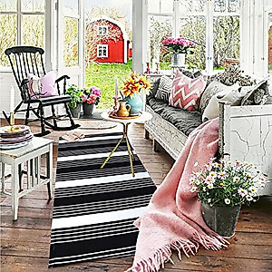 RRUI Cotton Black and White Striped Rug 43 x 27.5 Inches Outdoor Reversible Hand-Woven Washable Area Rugs for Layered Door Mats/Farmhouse Entryway Stripe Carpet/Front Porch Rug/Kitchen Mat