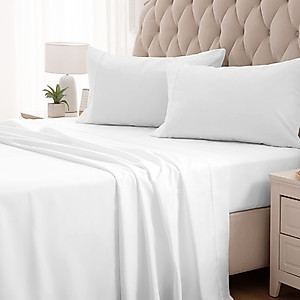 SLEEP ZONE® Nanotex® Super Soft Cooling Queen Bed Sheets Set 4 Piece - Easy Care Fitted Flat Sheet & Pillowcase Sets - Wrinkle Free, Fade Resistant, Deep Pocket 16" (White, Queen)