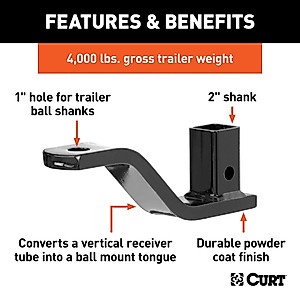 CURT 45003 Vertical Trailer Hitch Ball Mount, Fits 2-Inch Receiver, 4,000 lbs, 1-Inch Hole, 2-1/4-Inch Drop