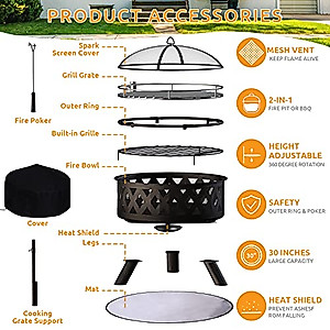 Amopatio Fire Pit with Mat & Cover, 30 Inch Large Outdoor Wood Burning Fire Pits, Patio Backyard Firepit with Steel BBQ Grill Cooking Grate, Spark Screen & Poker for Garden, Bonfire, Camping, Picnic