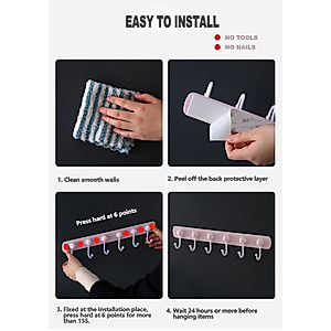 Adhesive Wall Hooks with 6 Rotating Hooks, Pink Rack Wall Hooks for Hats and Coats, Perfect for Hanging Kitchen Utensils and Towels in Kitchen and Kids Bedroom(1PACK)