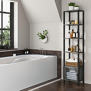 TUTOTAK 6 Tier Bookcase and Bookshelf, Narrow Book Shelf with Door for Small Space, for Living Room, Office, Study, Entryway, Charcoal Grey BS03BY006