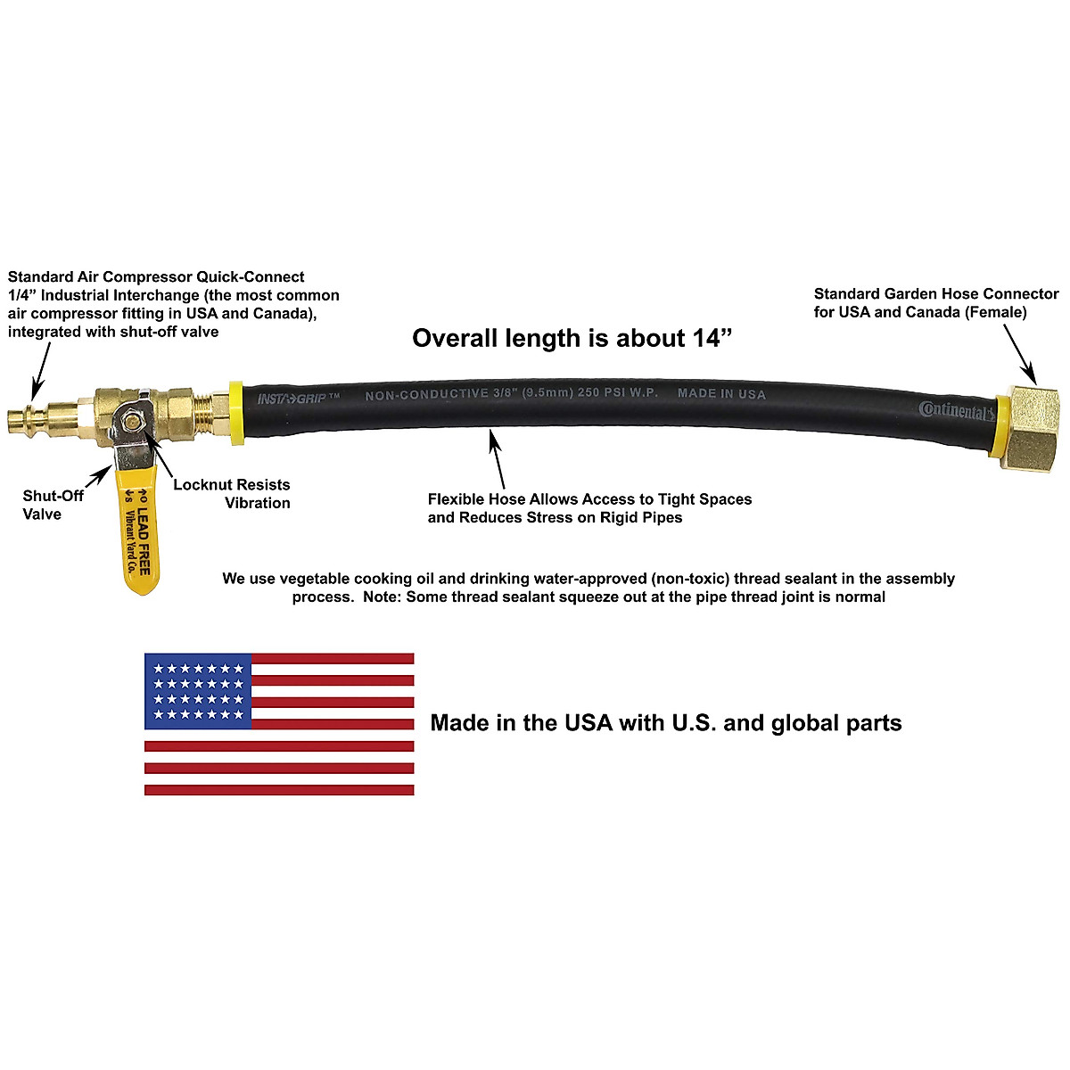 Winterize Sprinkler Systems and Outdoor Faucets: Air Compressor Quick-Connect Plug To Female Garden Hose Faucet Blow Out Adapter with Shut Off Valve (Lead-Free Brass), 14" Long