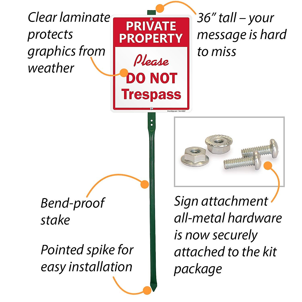 SmartSign "Private Property - Please Do Not Trespass" LawnBoss® Sign | 10" x 12" Aluminum Sign With 3' Stake