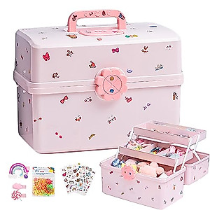 Hair Accessories Organizer for Girls Headbands, Hair Clips, Hair Ties Baby Girl Hair Supplies, Lockable Three-layer Folding Hair Craft Organizers and Storage Plastic Jewelry Box, 11.4x6.3x6.3in