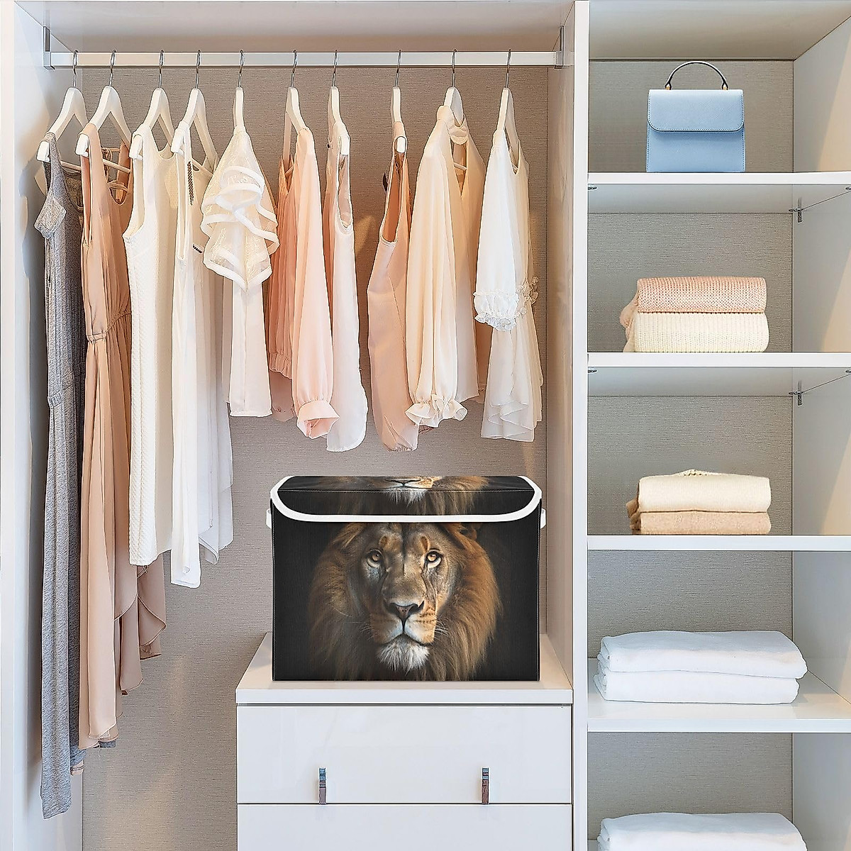 xigua Storage Basket Lion Storage Boxes with Lids and Handle, Large Storage Cube Bin Collapsible for Shelves Closet Bedroom Living Room, 16.5x12.6x11.8 Inch