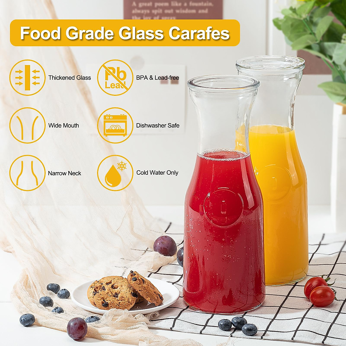 Woisut Set of 4 Glass Carafe with Lid, 1 Liter Beverage Glass Carafe, Juice Carafe Water Pitcher for Mimosa Bar Supplies, Brunch, Drink, Milk, Cold Water, Iced Tea, Lemonade