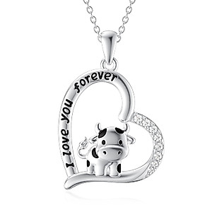 MEIDERBO Cow Necklace 925 Sterling Silver I Love You Forever Heart Cow Pendant Necklace Cow Jewelry Gifts for Women Cow Lovers