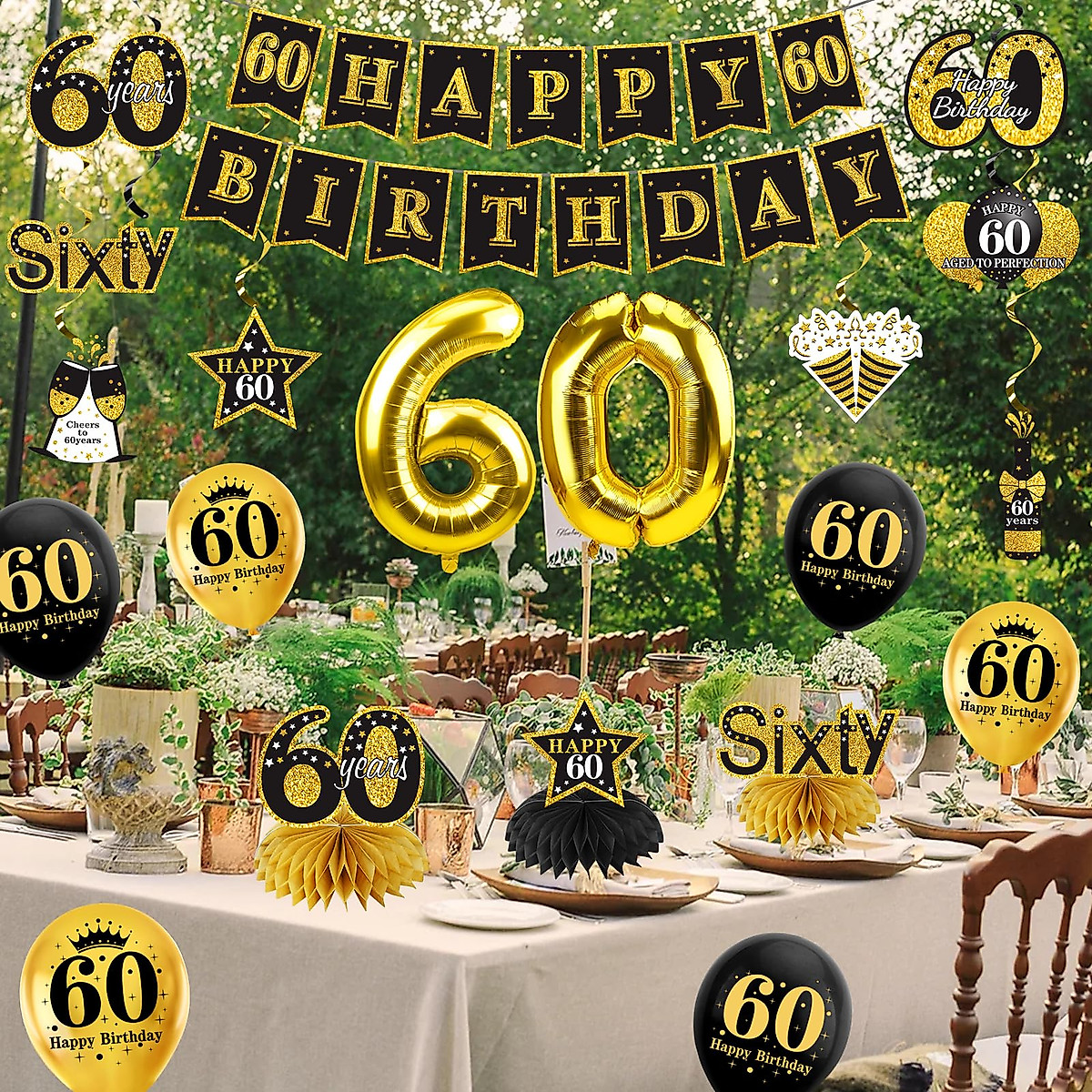 Turypaty 36Pcs 60th Birthday Decorations Kit for Men Women, Black Gold Happy 60 Birthday Banner Balloons Honeycomb Centerpiece Hanging Swirls Kit Party Supplies, Sixty Year Old Bday Table Topper