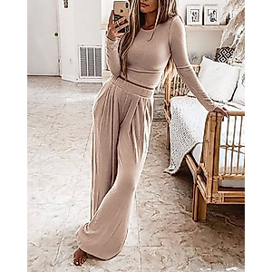 BTFBM Women's Two Piece Lounge Set Long Sleeve Bodycon Ribbed Knit Crop Top Loose Wide Leg Pant Casual Outfits Sweatsuit(Solid Apricot, Medium)