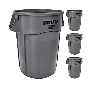 Rubbermaid Commercial Products BRUTE Heavy-Duty Round Trash/Garbage Container, 44-Gallon, Gray, for Landscapers/Construction Sites/Restaurants/Back of House/Offices/Warehouses, Pack of 4