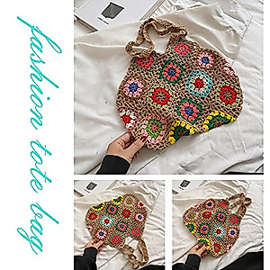 JQAliMOVV Crochet Tote Bag - Cute Flower Knitting Tote Bags Aesthetic Trendy Crochet Beach Bag Y2K Shoulder Bag Handbag Boho Bag (Khaki)