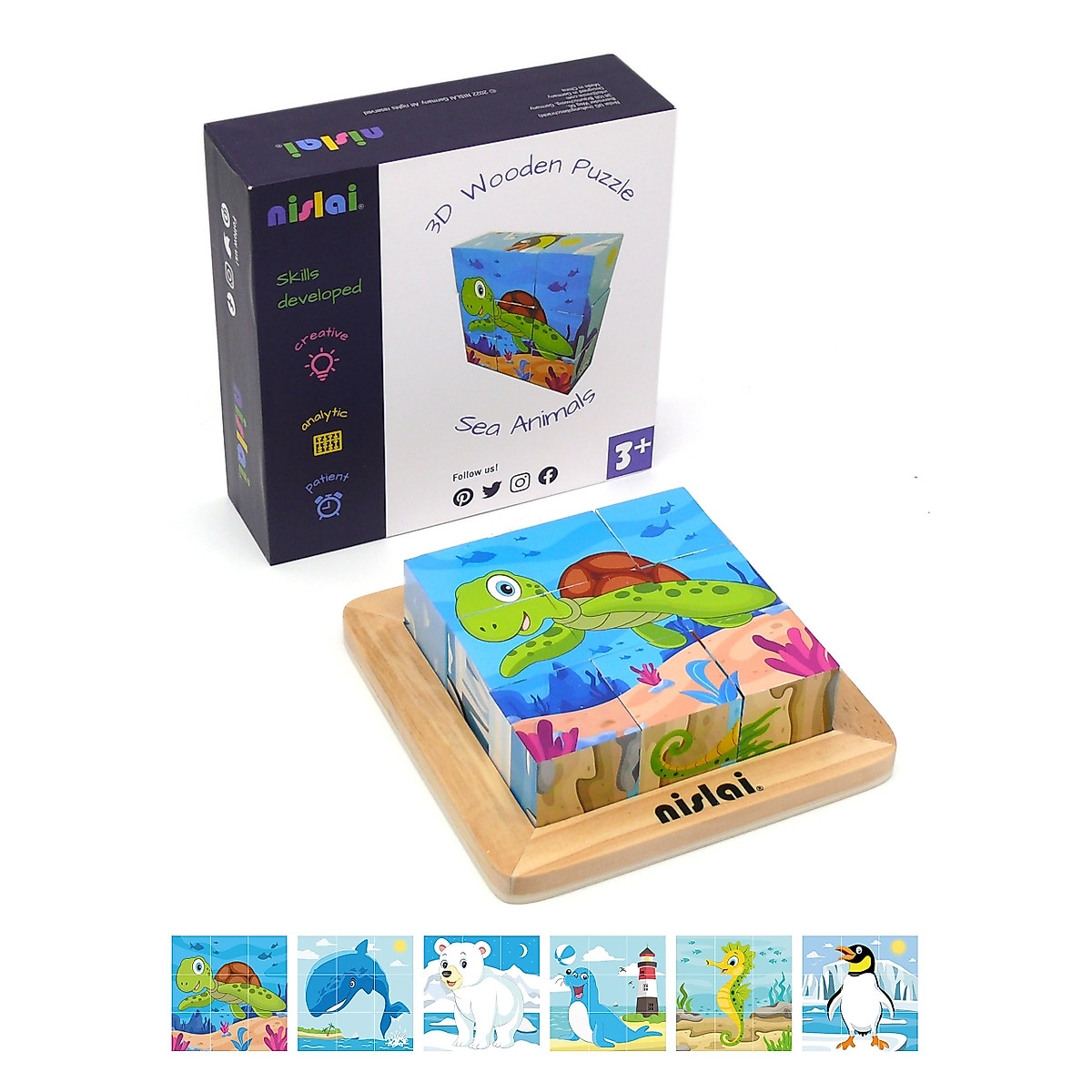 Nislai Wooden Block Puzzle | Wood Puzzle for Kids for 2 3 4 Years | 3D Aquatic Animal Sea Theme Toddler Jigsaw Pegged Puzzle | Montessori Preschool Educational Toy | 17x17cm (6.7"x6.7")