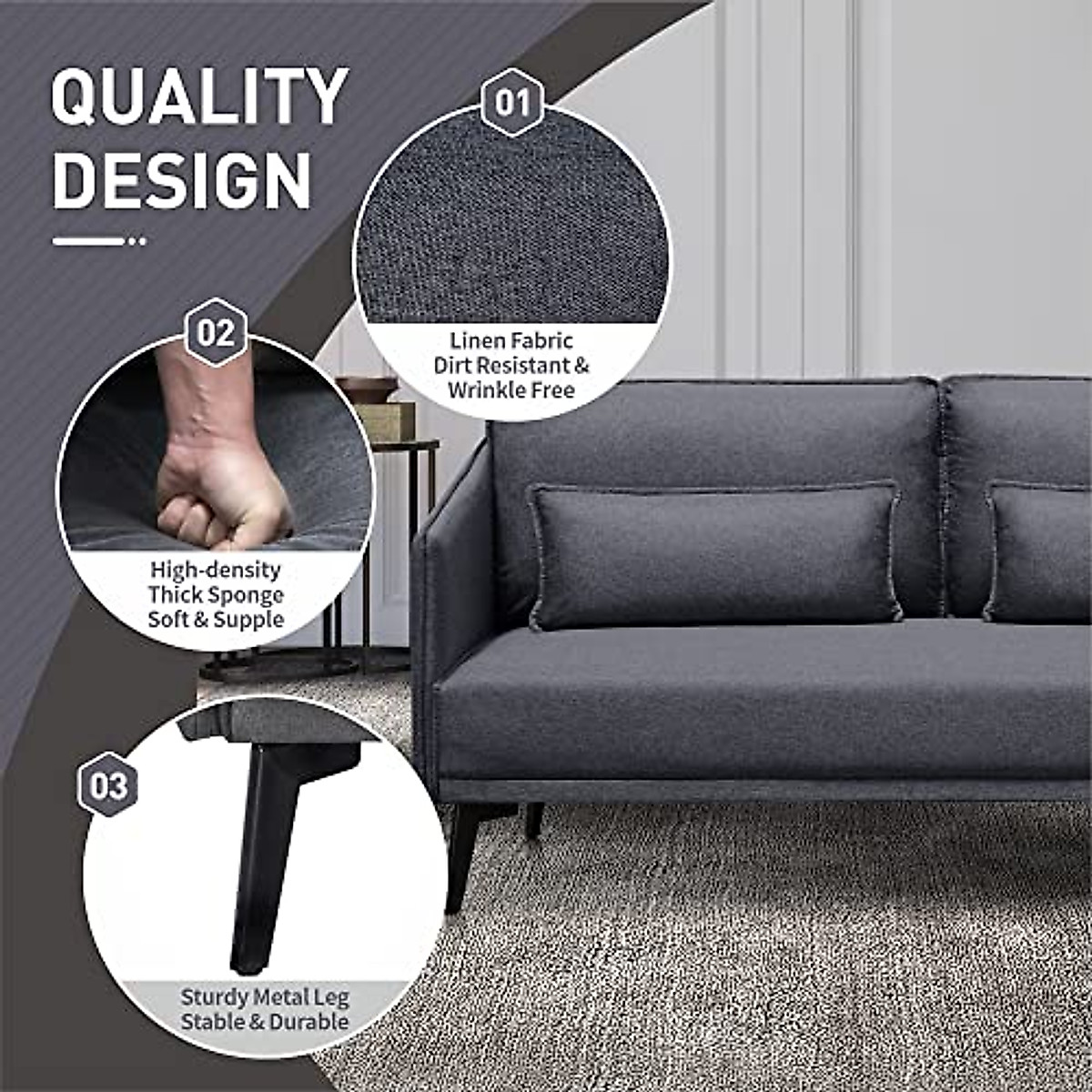 Loveseat Sofa Couch, 59" W Small Linen Sofa, 2 Seater Couch with 2 Pillows for Living Room, Bedroom, Office, Small Space (Dark Gray)