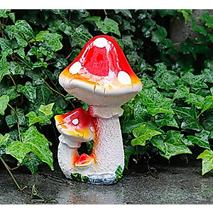 9 Inch Three-Headed Mushroom Garden Statue Perfect for Decoration for Garden, Outdoor, Patio (Red)