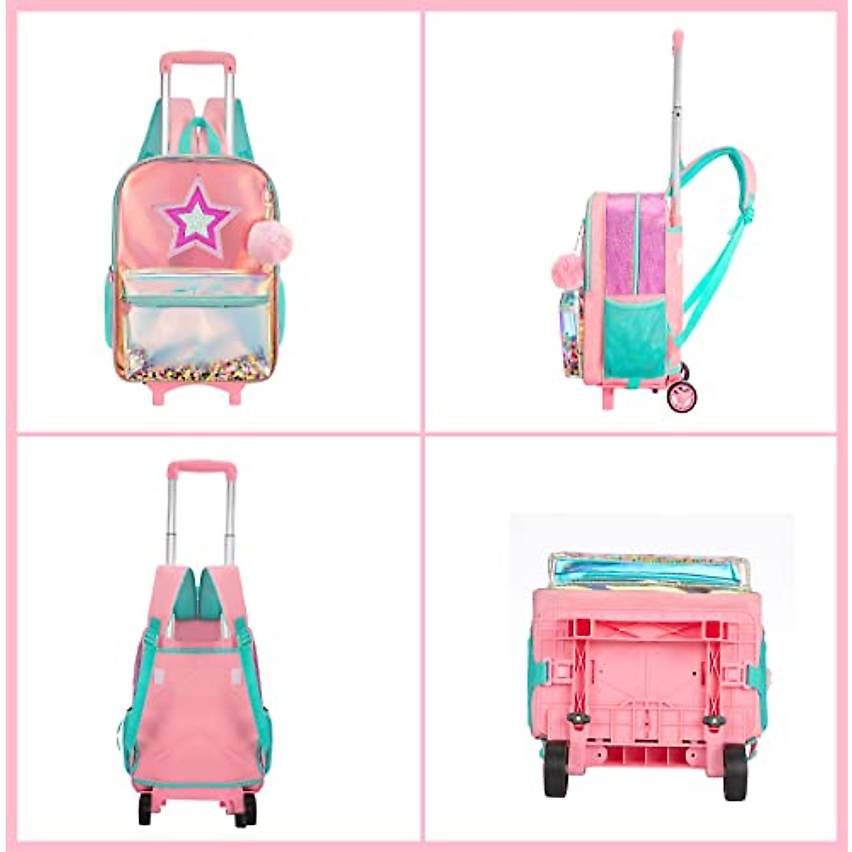 ZBAOGTW Backpack for Girls with Wheels,Rolling Backpack for Girls with Lunch Box and Pencil Bag Girls Trip Luggage