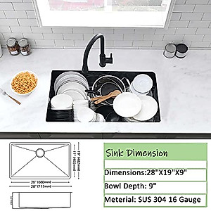 28 Inch Matte Black Kitchen Sink Undermount, Wesliv 28x19 Inch Undermount Matte Black Kitchen Sink 16 Gauge Deep Large Single Bowl Kitchen Sink with Cutting Board & Bottom Rinse Grid