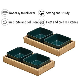 Acsist 4PCS Ceramic Hamster Bowl with Wood Stand Stylish Square Bunny Food Bowl Anti-Tipping Guinea Pig Water Bowl Dish for Rabbits Ferrets Chinchillas Hedgehogs Small Animal (Green)