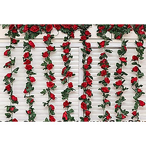 SWSTINLING 2 Pack (16FT) Artificial Rose Vine Flowers Plants Fake Flower Vine for Wedding Home Party Garden Craft Art Decor Red