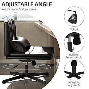 HONIFUR Extra Wide Seat Criss Cross Legged Office Chair with Lumbar Support, Comfy Armless Office Desk Chair No Wheels, Adjustable Swivel Computer Task Chairs for Vanity,Home,Office,Bedroom - Black