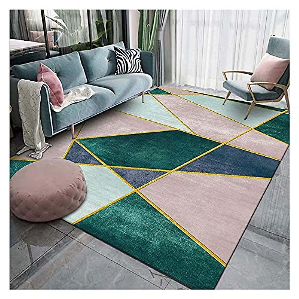 WERTYG Area Rugs, Modern Rugs Extra Large Non-Slip Floor Mat Fashionable Nordic Minimalist Pink Green Geometric Gold Stitching Home Accessories Living Bedroom Dining Room (60 90cm) (Size : 160230cm)