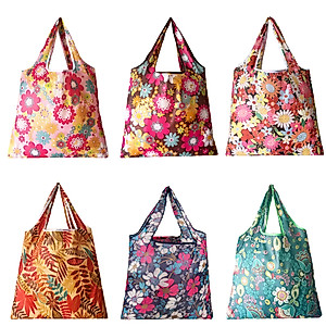 FulSurgus 6 Pack Reusable Foldable Grocery Shopping Bags, Machine Washable Groceries Bags Sturdy Lightweight Nylon Bags