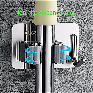 Meamaz 3pcs Punch-Free Broom and Mop Holder No Drilling Wall Mount Self Strong Adhesive Holder Tool with Hook Multi-purpose Organizer for Kitchen Bathroom Garden Laundry Room