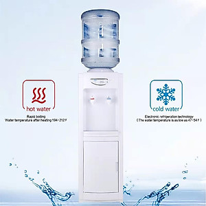 Water Cooler Dispenser for 5 Gallon Bottle, Top Loading Hot & Cold Water Freestanding Electric Water Cooler Child Safety Lock for Indoor Home Office Use with Storage Cabinet, White