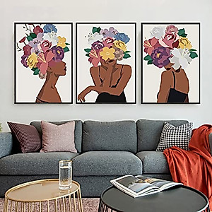 African American Wall Art Set of 3 Flower Black Women Head Wall Prints Fashion Black Skin Girl Canvas Painting Pictures Unframed Modern Decorative Artwork Posters for Bedroom Living Room Wall Decor