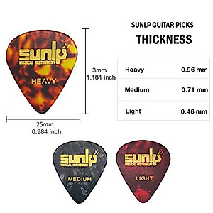 Premium Guitar Picks 24pcs Thin Medium Heavy Gauge Variety Pack with Picks Holder Plastic Picks Box SUNLP Celluloid Guitar Picks for Acoustic Classical Electric Guitar Bass 0.46mm & 0.71mm & 0.96mm