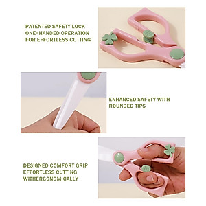 Baby Food Scissors Kicthen Shears -2Pack Portable Healthy Cute Kids Ceramic Scissors with Safety Lock and Storage Travel Case - Ideal for Cutting Meat, Chicken, Vegetables, and Fruits (Pink+Green)