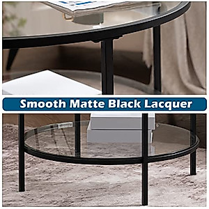 VINGLI Glass Coffee Table, 25.6" Round Coffee Table Black Coffee Tables for Living Room, 2-Tier Glass Top Coffee Table with Storage Clear Coffee Table, Simple & Modern Center Table for Small Space