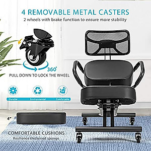 Ergonomic Kneeling Chair with Backrest Adjustable Height with Thick and Comfortable Cushion and Smooth Gliding Casters Correct Sitting Posture Suitable for Home Black