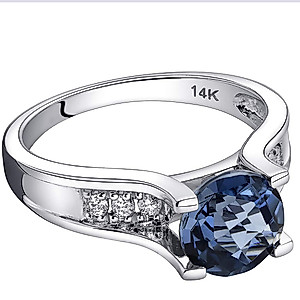 PEORA London Blue Topaz and Diamond Ring in 14K White Gold, 2.25 Carats total, Cathedral Design, Round Shape Solitaire Engagement, Round Shape, 8mm, Comfort Fit, Size 7